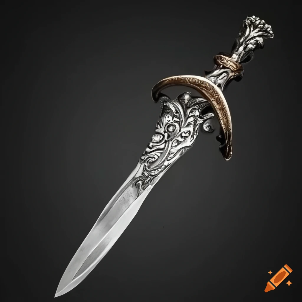 Ornate dagger with silvery handle and white crystal blade on Craiyon