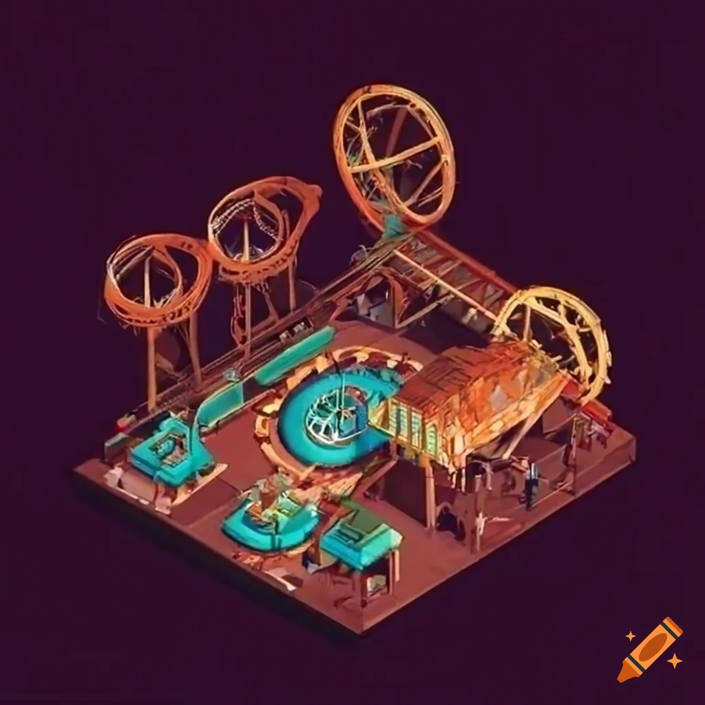 Isometric view of a forsaken amusement park with rusting roller ...