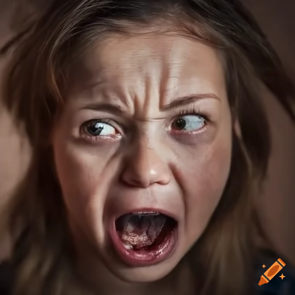 Closeup of a mother's face expressing rage and shock on Craiyon