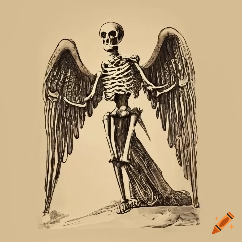 Vintage Victorian sketch of a winged skeleton guiding people to a ...