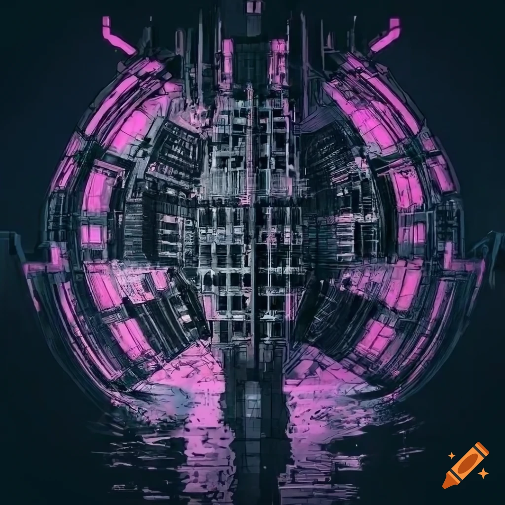 Megastructure architecture orbbook under a full moon in black and white ...