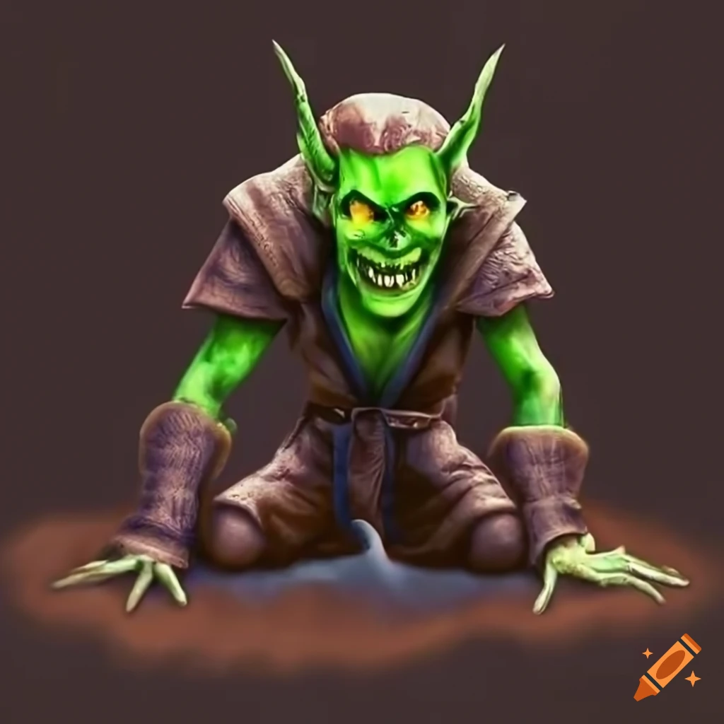 Green goblin in a colorful robe casting lightning magic with hands ...