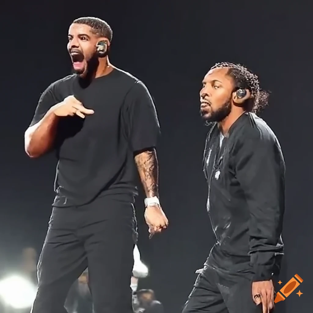 Drake and kendrick lamar performing passionately at a concert on Craiyon