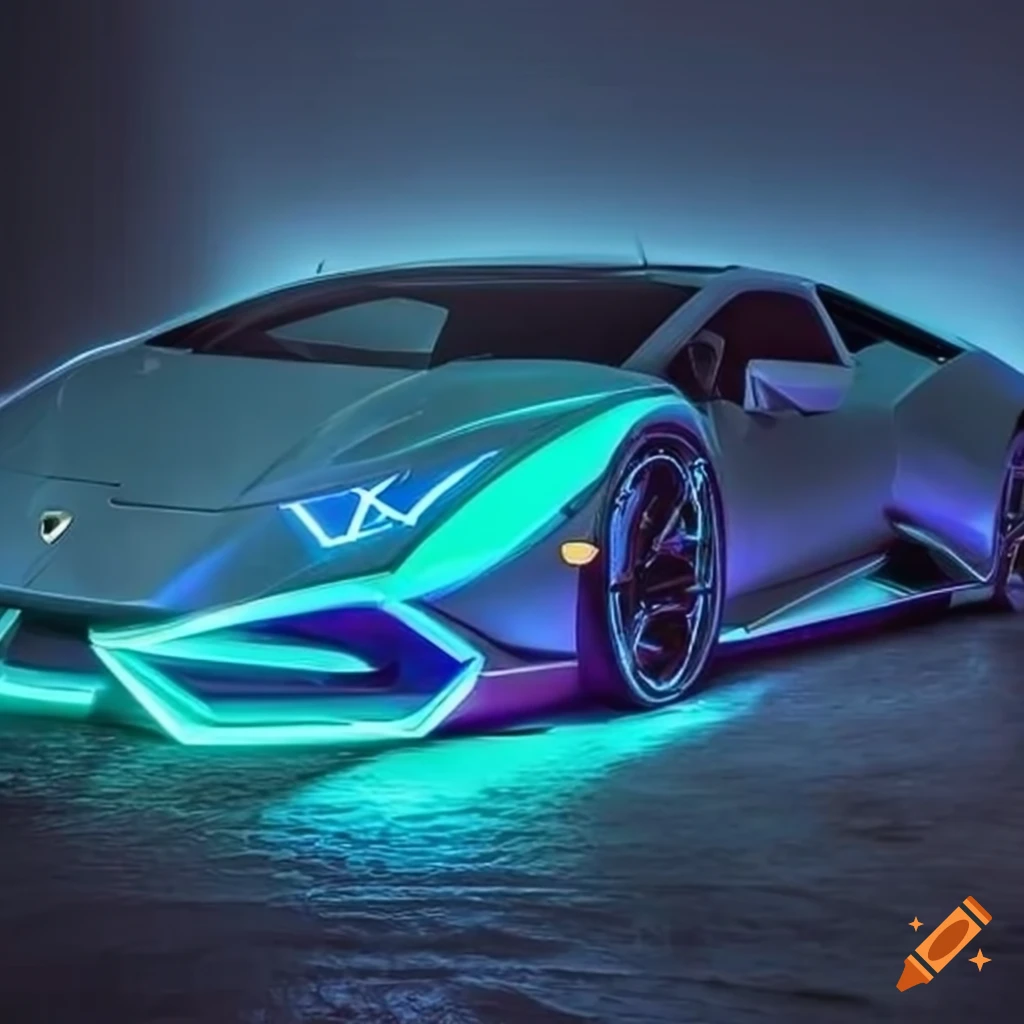 Neon-lit concept lamborghini huracan with futuristic design on Craiyon