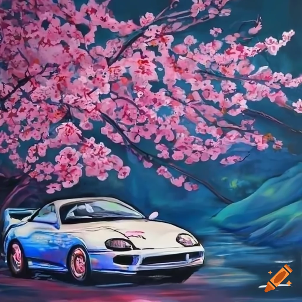 Toyota Supra under a Japanese cherry blossom tree in watercolor on Craiyon