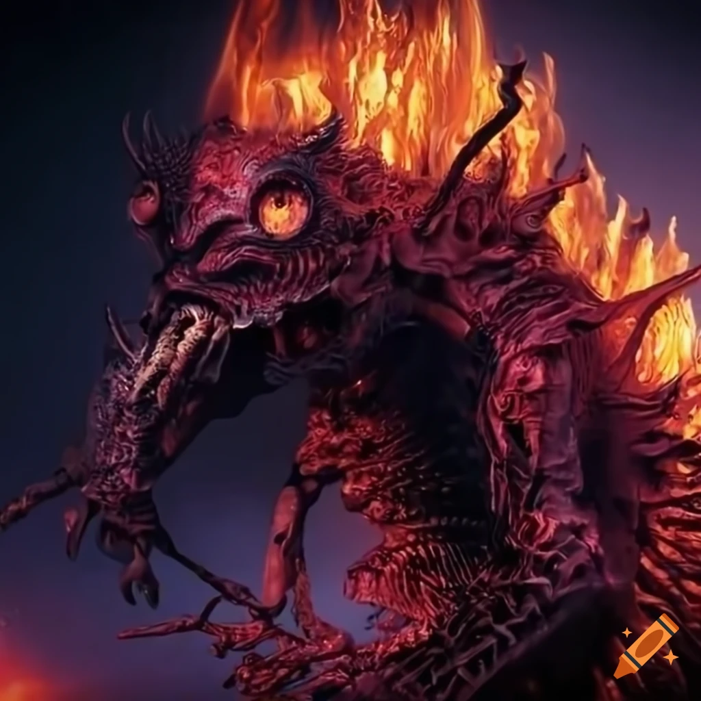 Fairytale metal monster breathing fire in stunning 8K detail on Craiyon