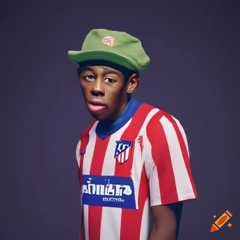 Tyler, The Creator posing with Atletico Madrid jersey or flag on Craiyon