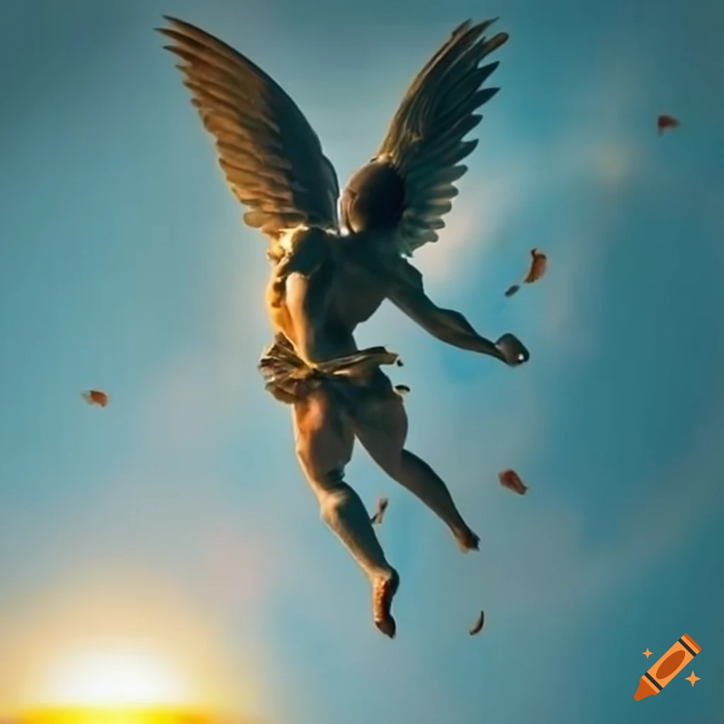 Icarus flying towards the sun with melting wax wings on Craiyon