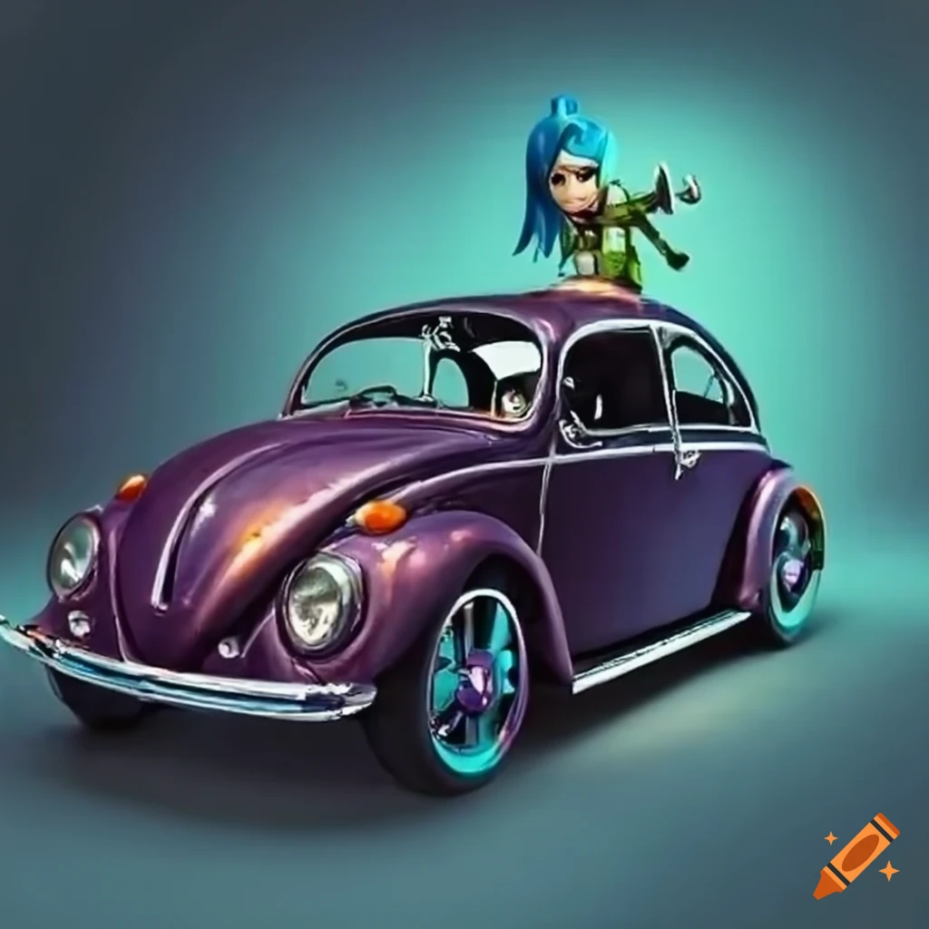 Black dog and Jinx in a vintage VW Beetle with toy guns and Tri Force wheels on Craiyon