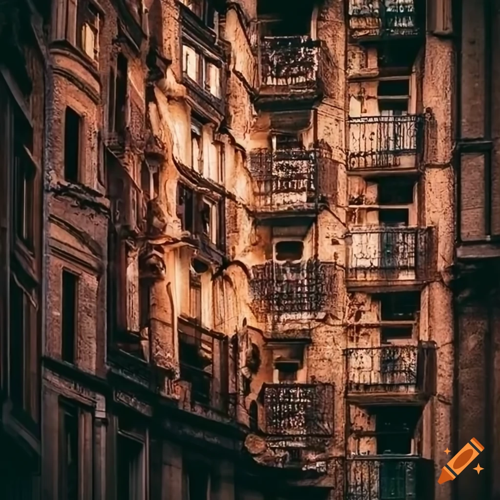 Baked bread city with crispy bread crust buildings in unique lighting ...