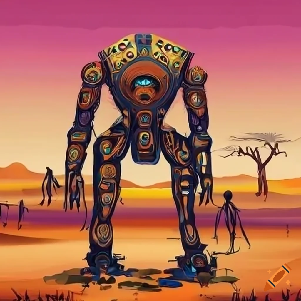 Futuristic mecha giants in African dashiki in savanna landscape on Craiyon