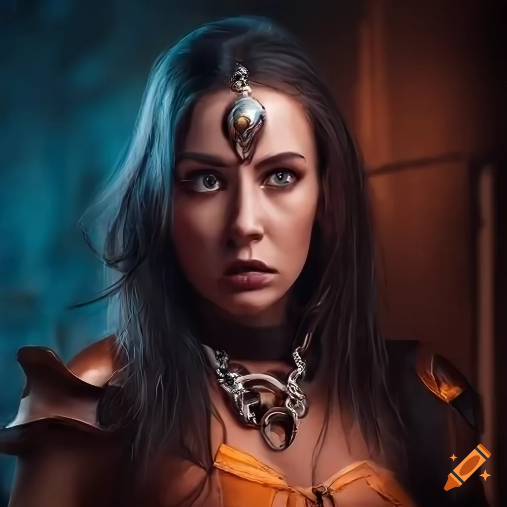 Furious woman warrior in heroic fantasy style at castle entrance on Craiyon