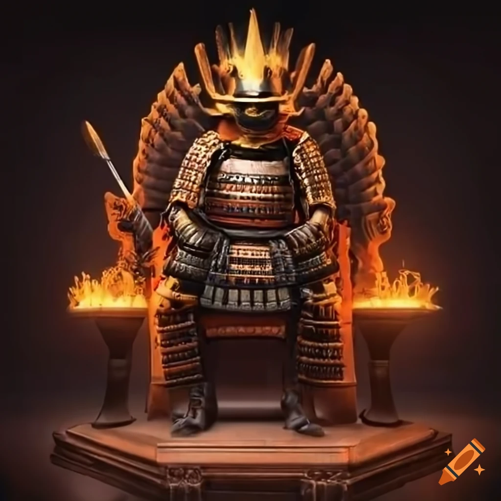 Futuristic samurai warrior with orange energy sword on throne pedestal ...