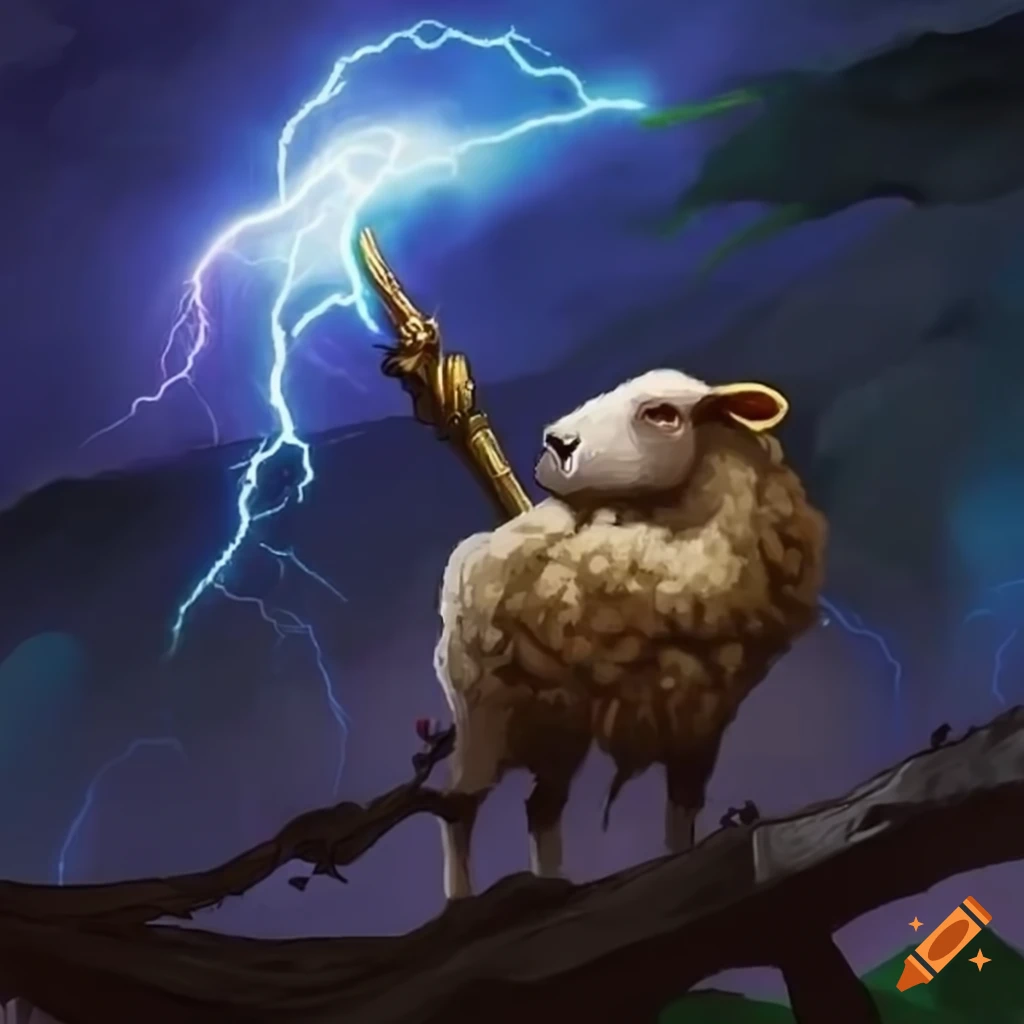 Tranquil sheep with a magical sceptre in front of green mountains in ...