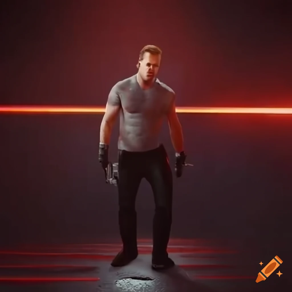 Chris Pratt in sci-fi attire holding a futuristic gun in a sci-fi room ...