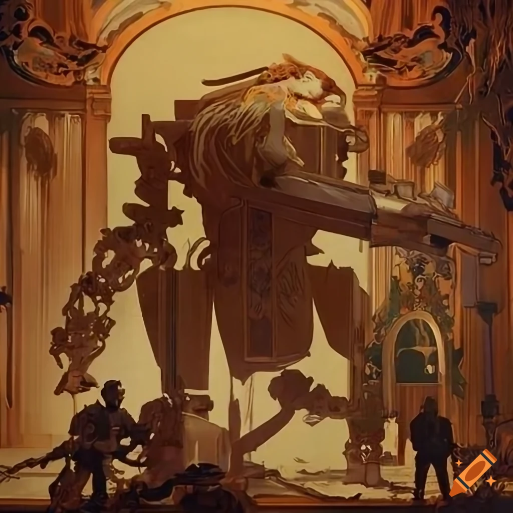 'Stave Carvings' style artwork with a cinematic mech battle inspired by ...