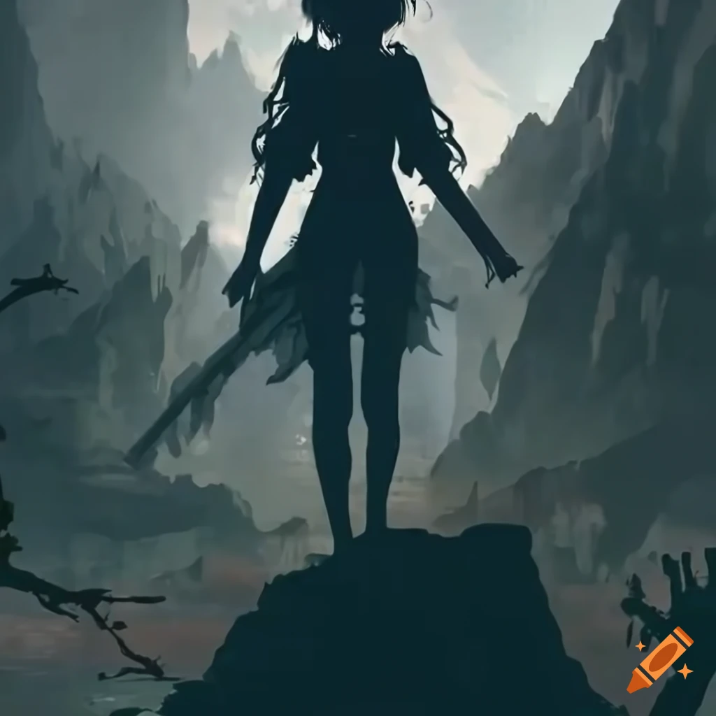 Silhouette of woman in an apocalyptic anime scene with a fallen titan ...