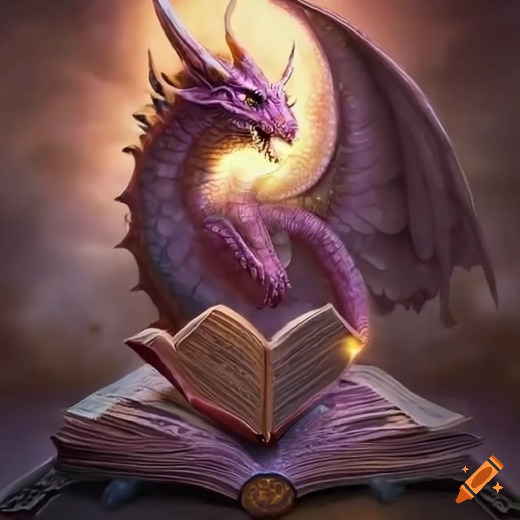 Enchanting dragoness reading from an ancient book with glowing wings on ...