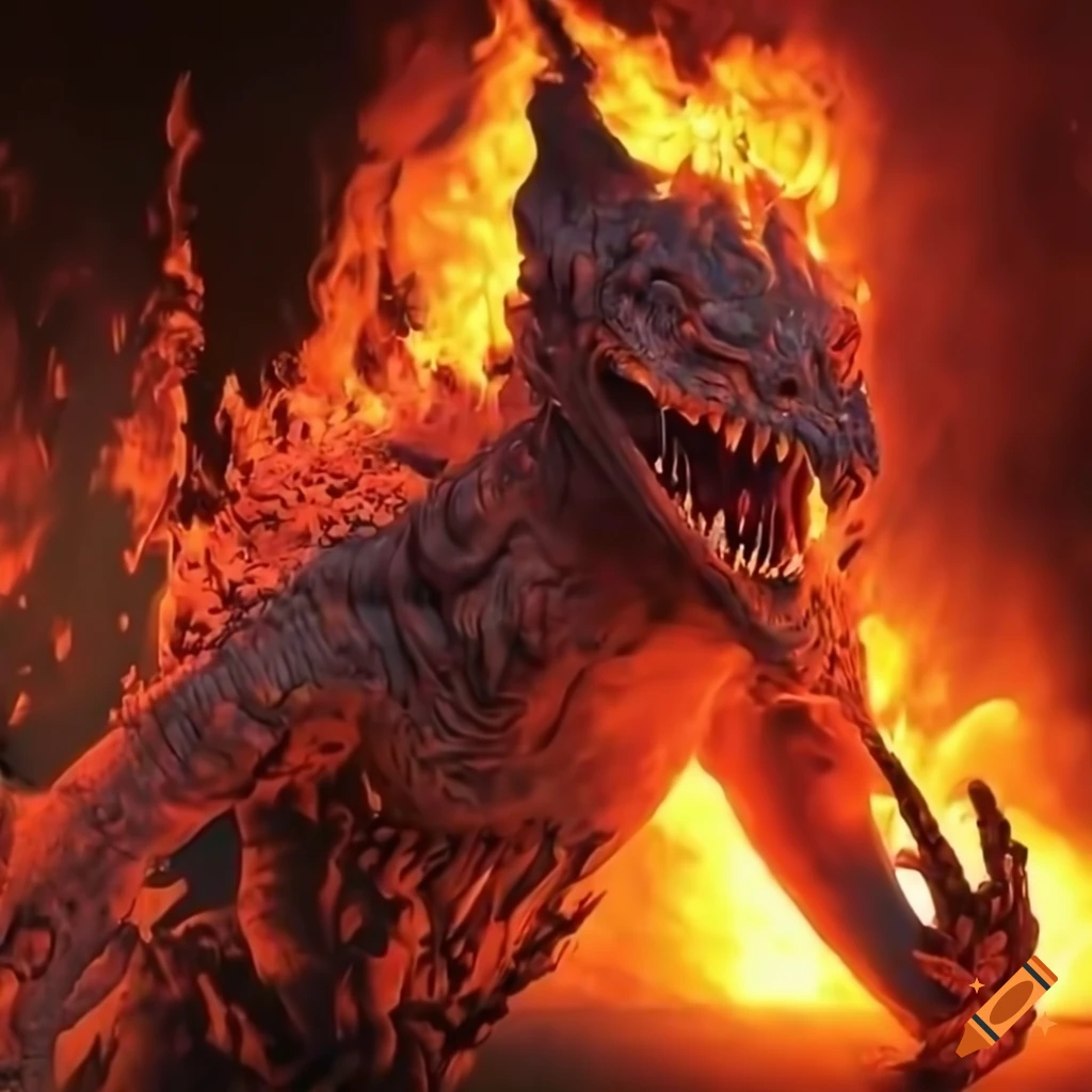 Fairytale metal monster breathing fire in stunning 8K detail on Craiyon