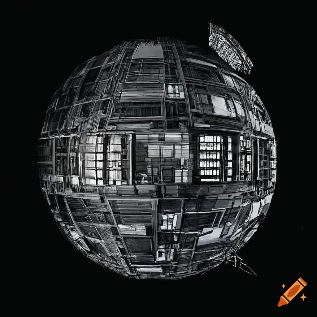 Sci-fi megastructure architecture ball under a full moon in black and ...