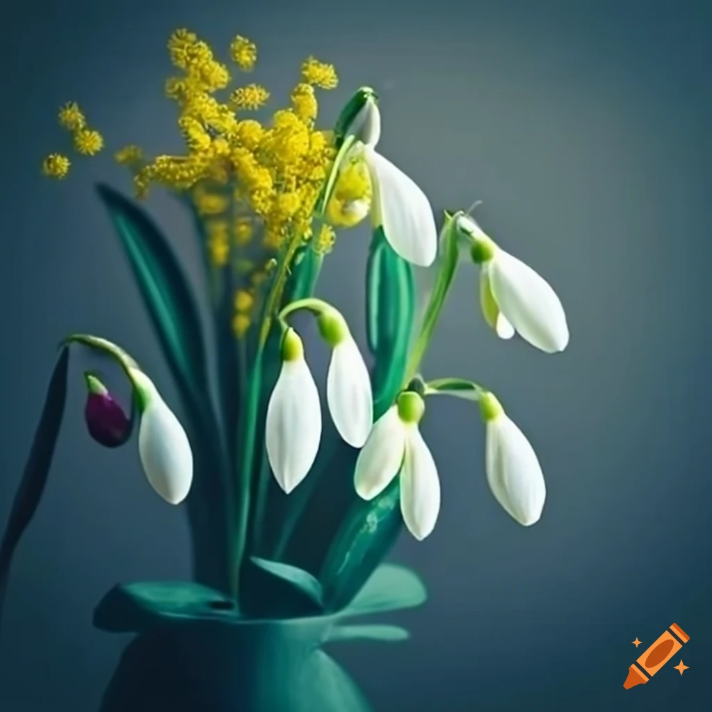 Elegant arrangement of spring flowers: snowdrop, mimosa, althea on Craiyon