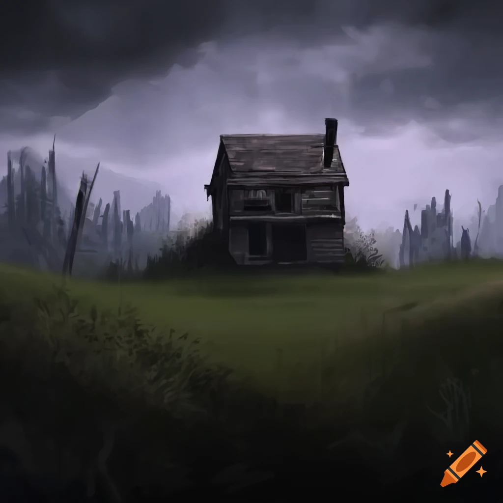 Abandoned house on top of grass hill in dark RPG style on Craiyon