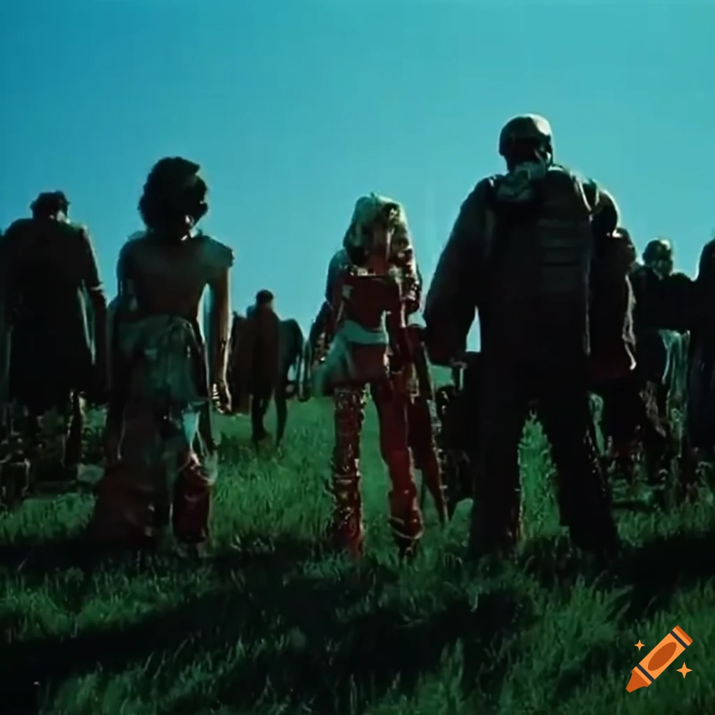 Creepy robot zombie crowd in a countryside landscape under the sun on ...