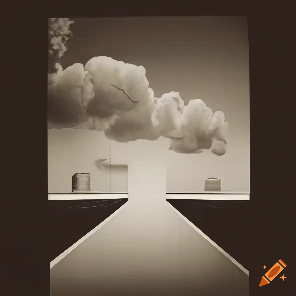 Retro surrealistic art with white-black-grey sepia colors depicting ...