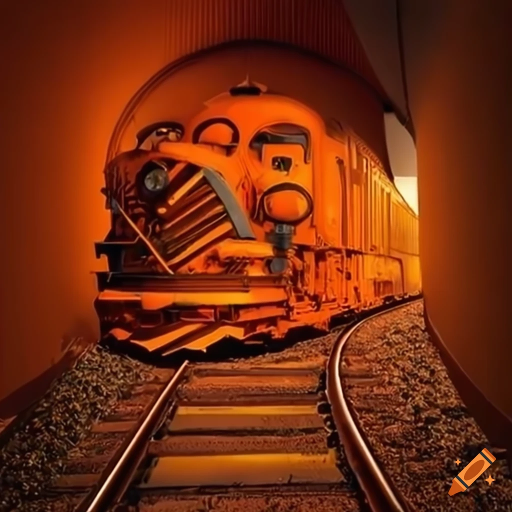 Orange train with big teeth losing glasses in the mud on Craiyon