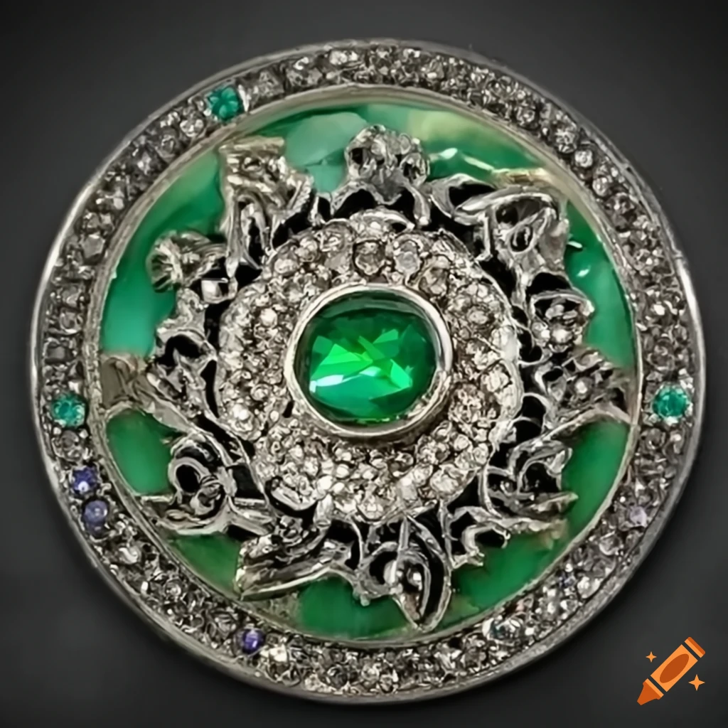 Round silver emblem with emerald gemstones and lotus blossom motif on ...