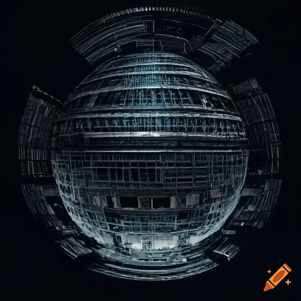 Megastructure orb under full moon in a cyberpunk setting on Craiyon