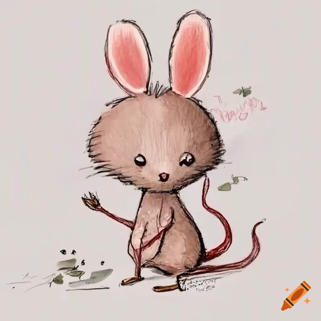 Cute little mouse with long rabbit ears in the style of Quentin Blake ...