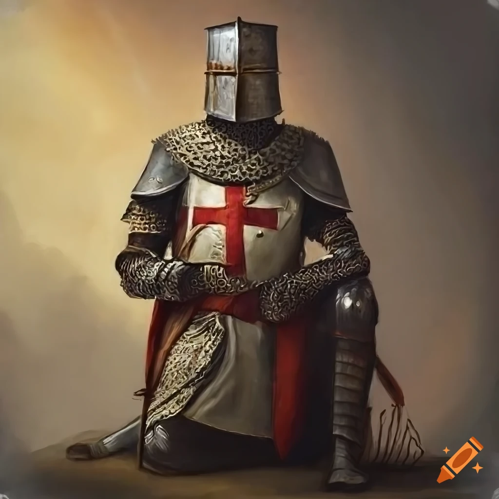 Crusader knight in armor kneeling in prayer before his sword on Craiyon