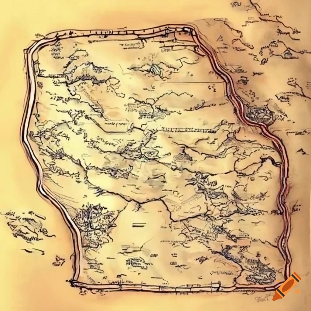 Ancient road map crossing rivers and mountains on Craiyon
