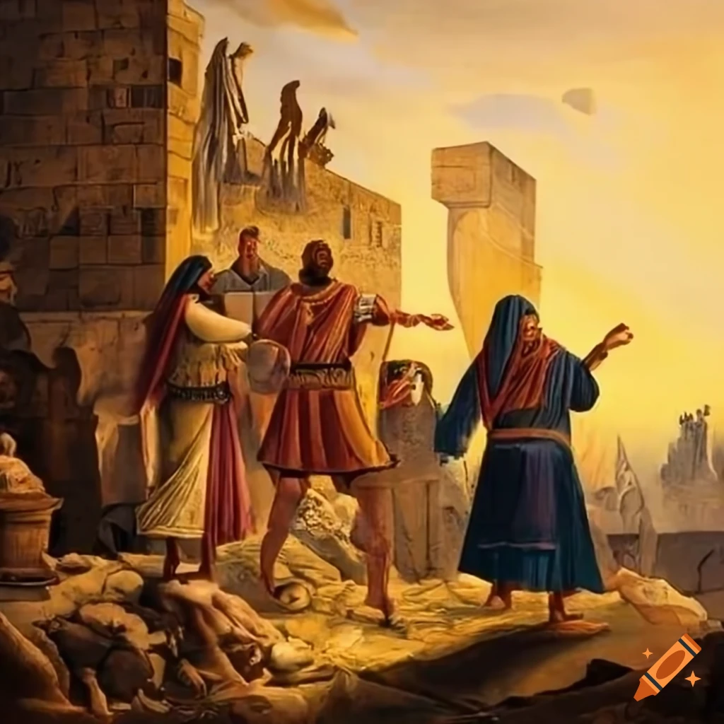 Nehemiah and jewish builders rebuilding the wall of jerusalem in a ...