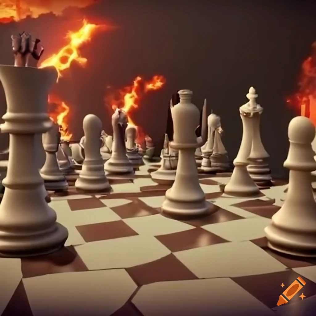 Epic chess game with explosions, t-rex, gunfire, and backflips on Craiyon