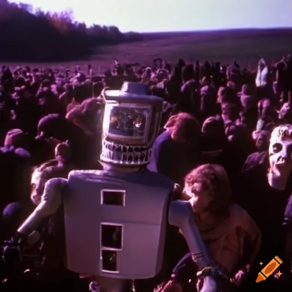 Crowd of robot zombie movie scene in countryside landscape on Craiyon