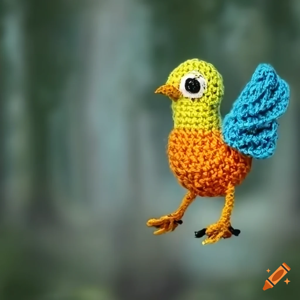 Crochet blue bird in a forest setting with separate wings and a yellow ...