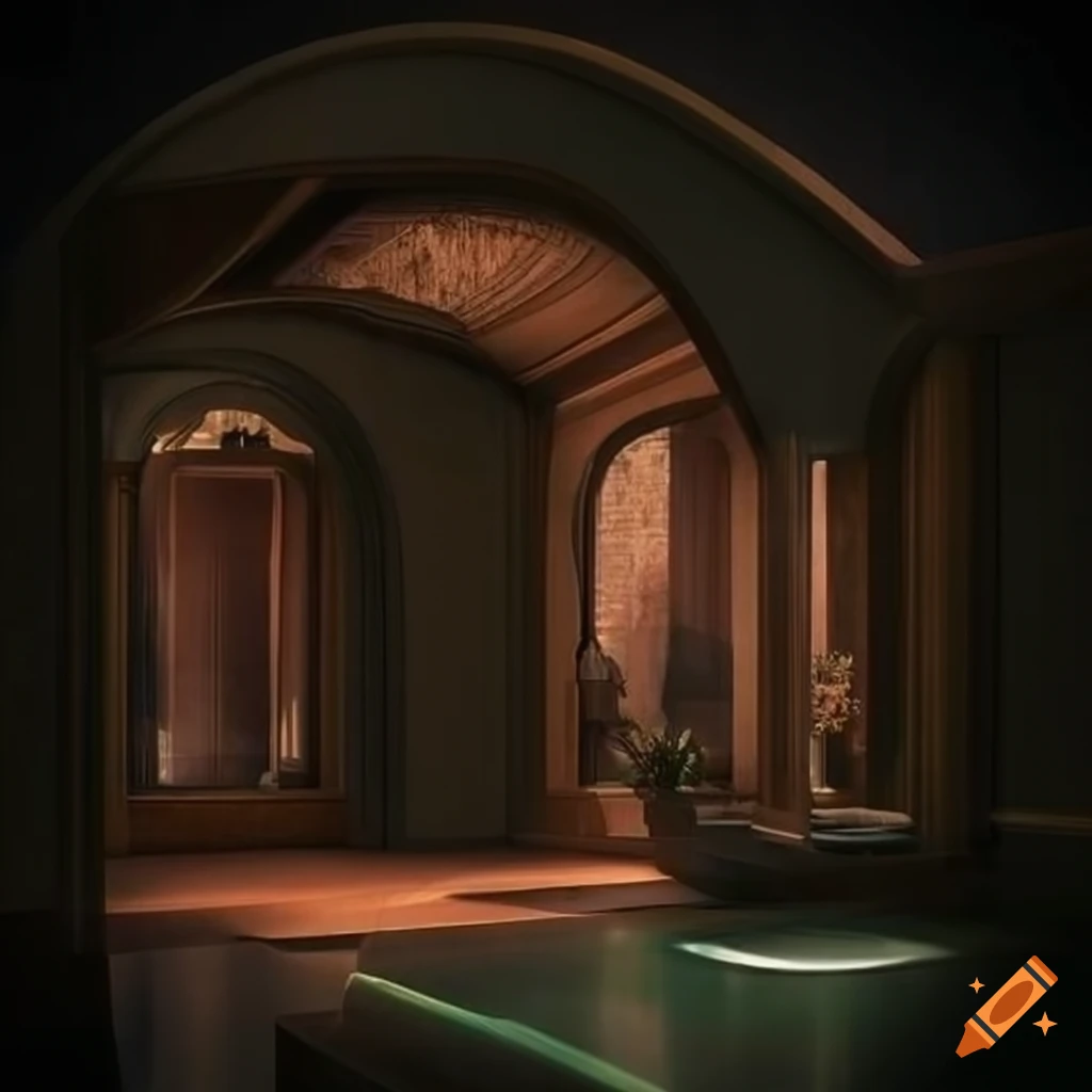 Interior of a big, beautiful mansion with botanical elements in a ...