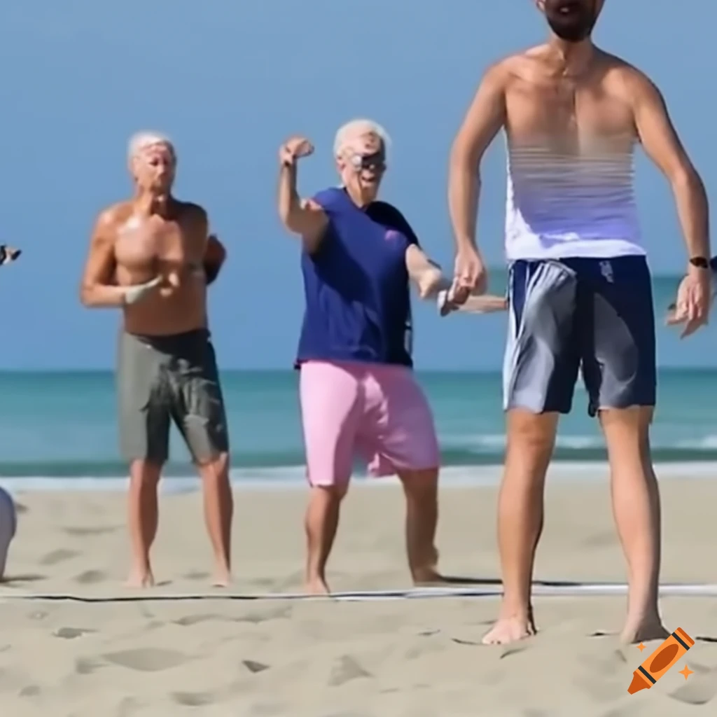Donald Trump and Joe Biden playing volleyball at the beach on Craiyon