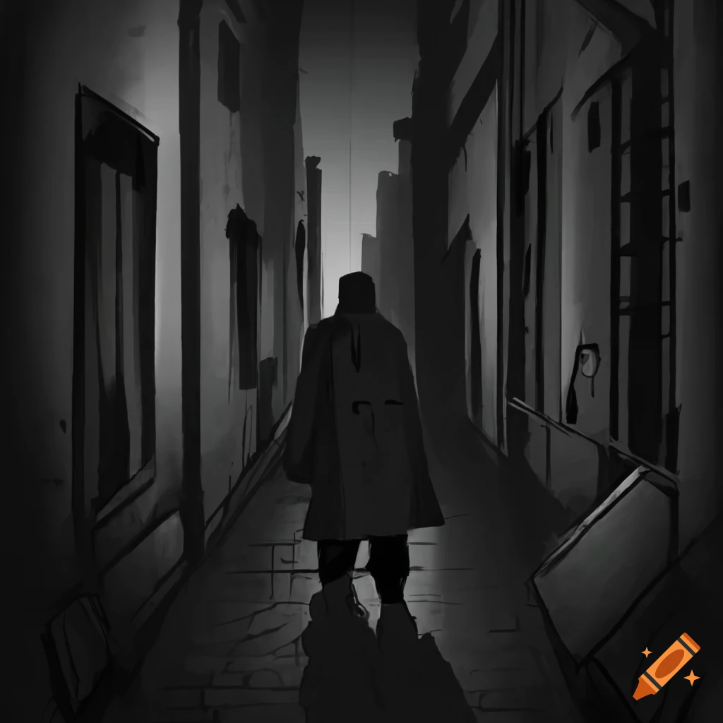 Dark alleyway in the city with a mysterious figure in a trench coat on Craiyon