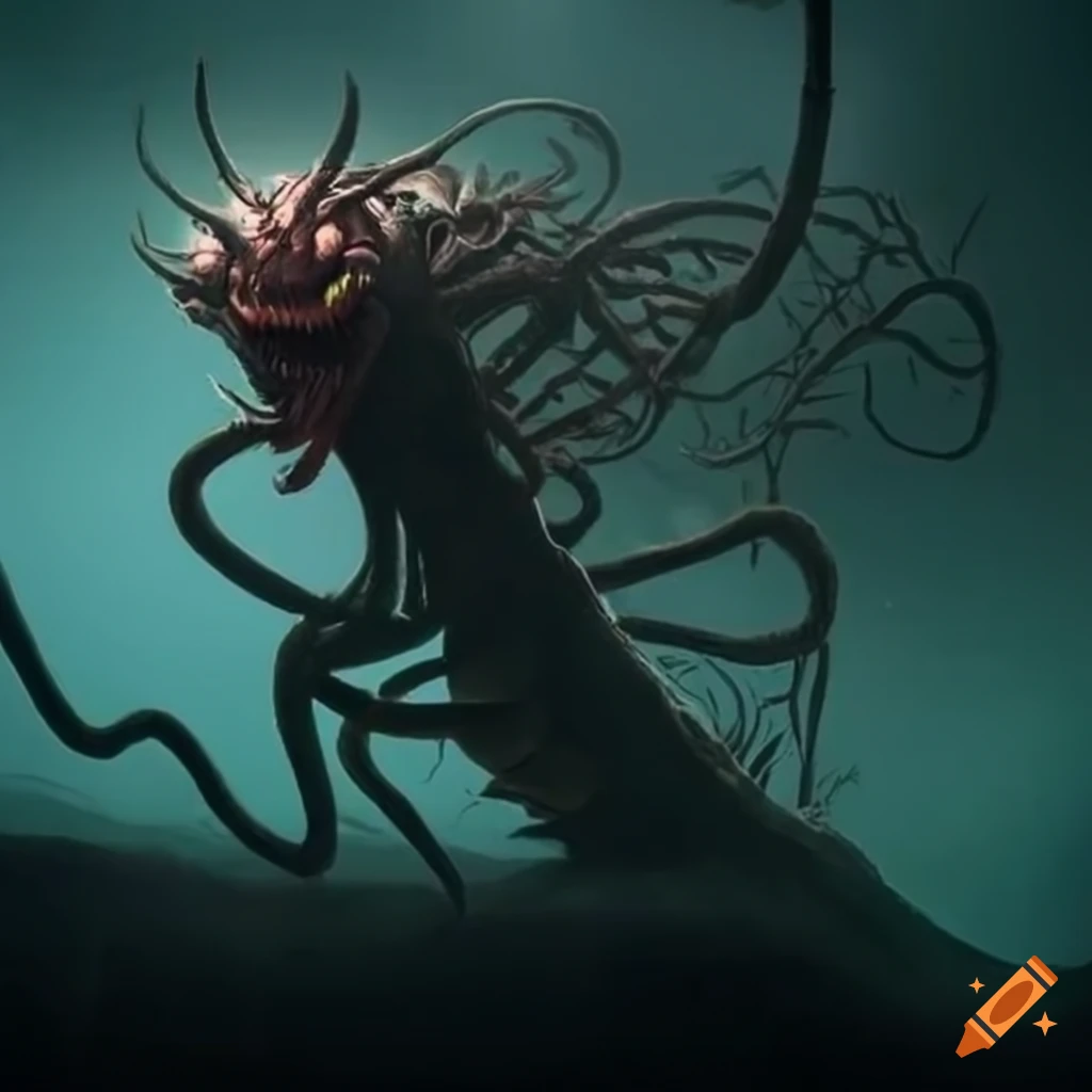 Intimidating insect-like kaiju monster with long tendrils in misty ...