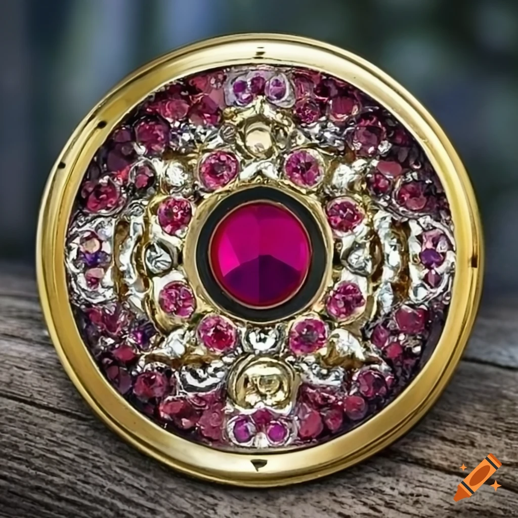 Round brass emblem with mystical owl motif and ruby gemstones on Craiyon