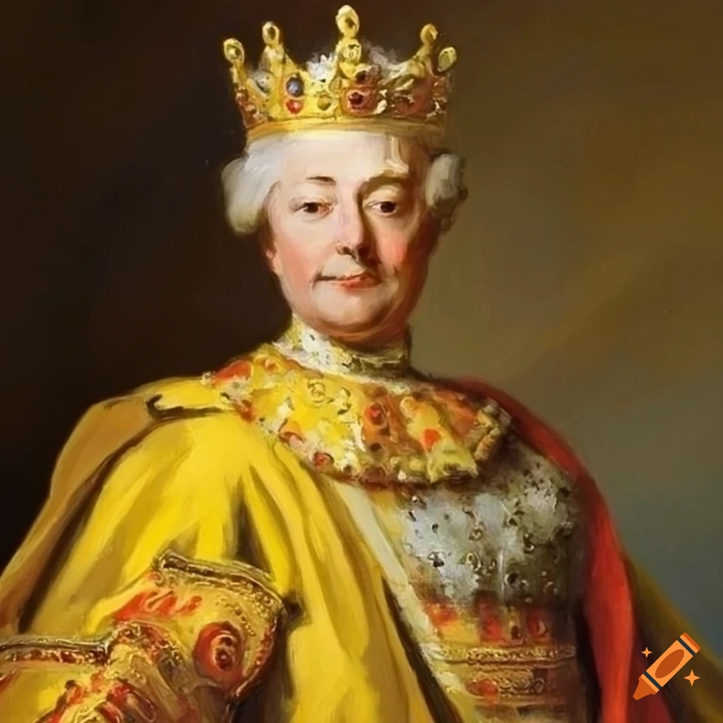 King wearing crown and royal yellow clothes in an oil painting on Craiyon