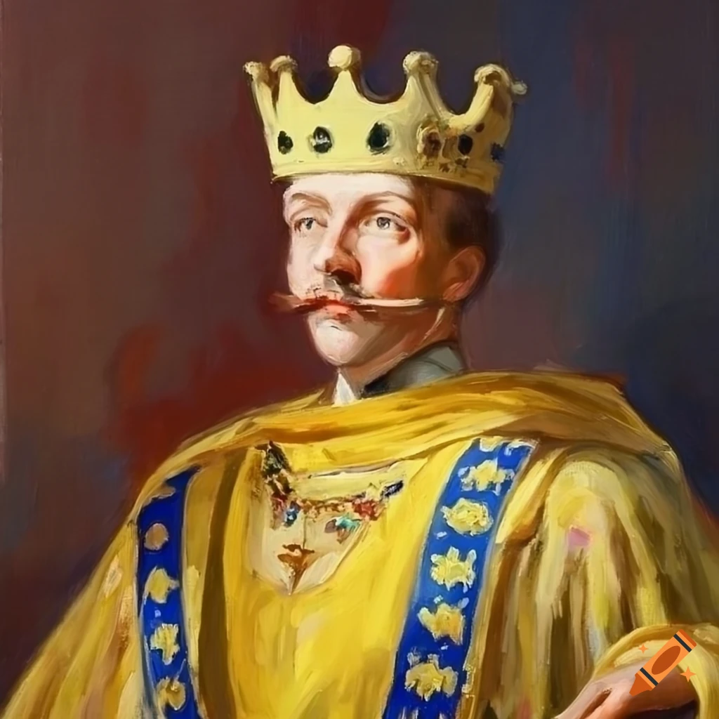 King wearing crown and royal yellow clothes in an oil painting on Craiyon