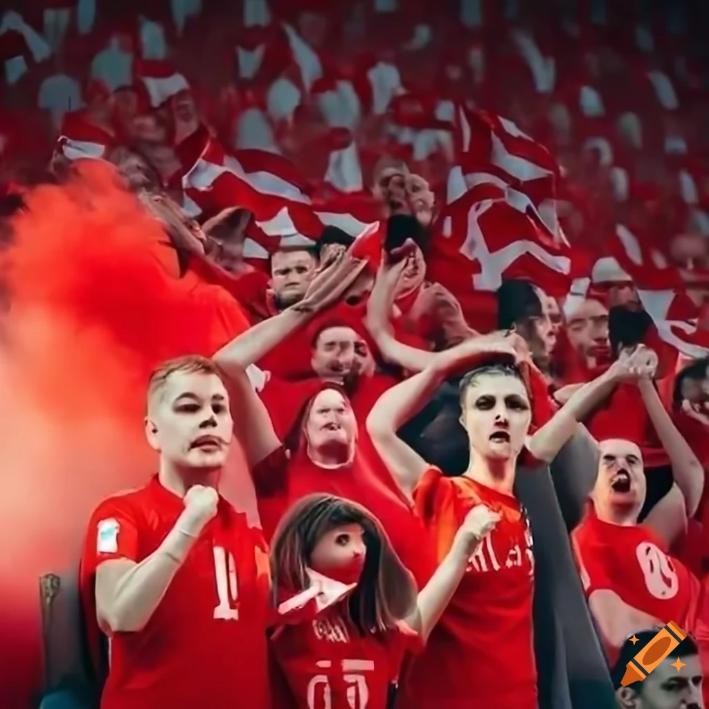 Passionate fans of the red soccer team waving flags in the stands on ...