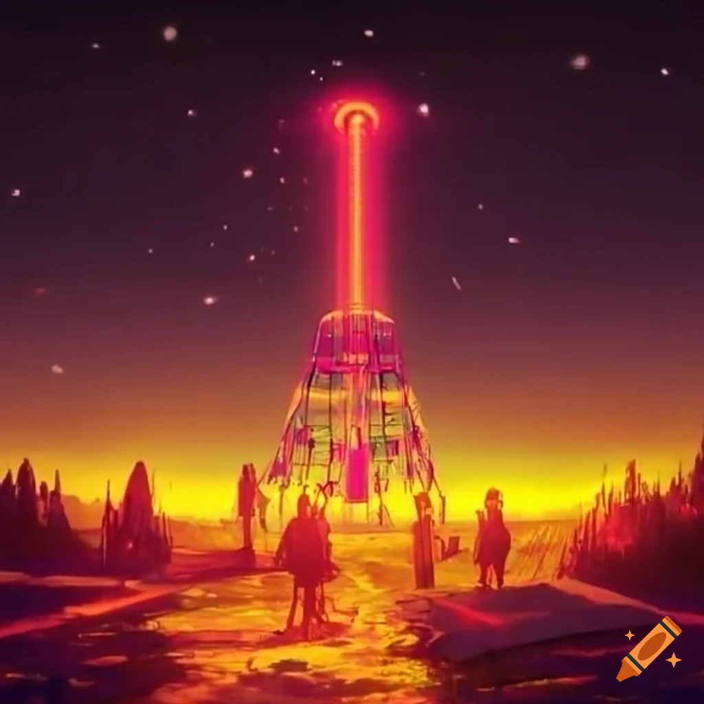 Rave party near Duga-3 array antenna at night on Craiyon