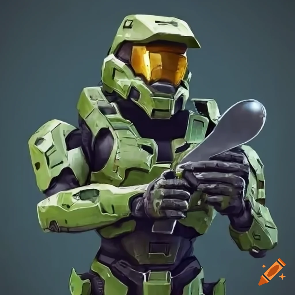 Master chief character with oversized spoon in satirical artwork on Craiyon