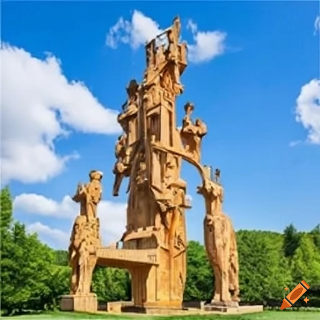 Wide-angle photo of towering painted carved wooden statues art ...