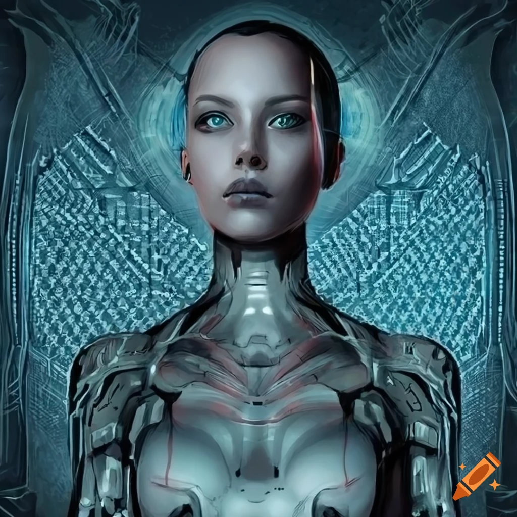 Detailed sci-fi illustration of a futuristic android woman on Craiyon